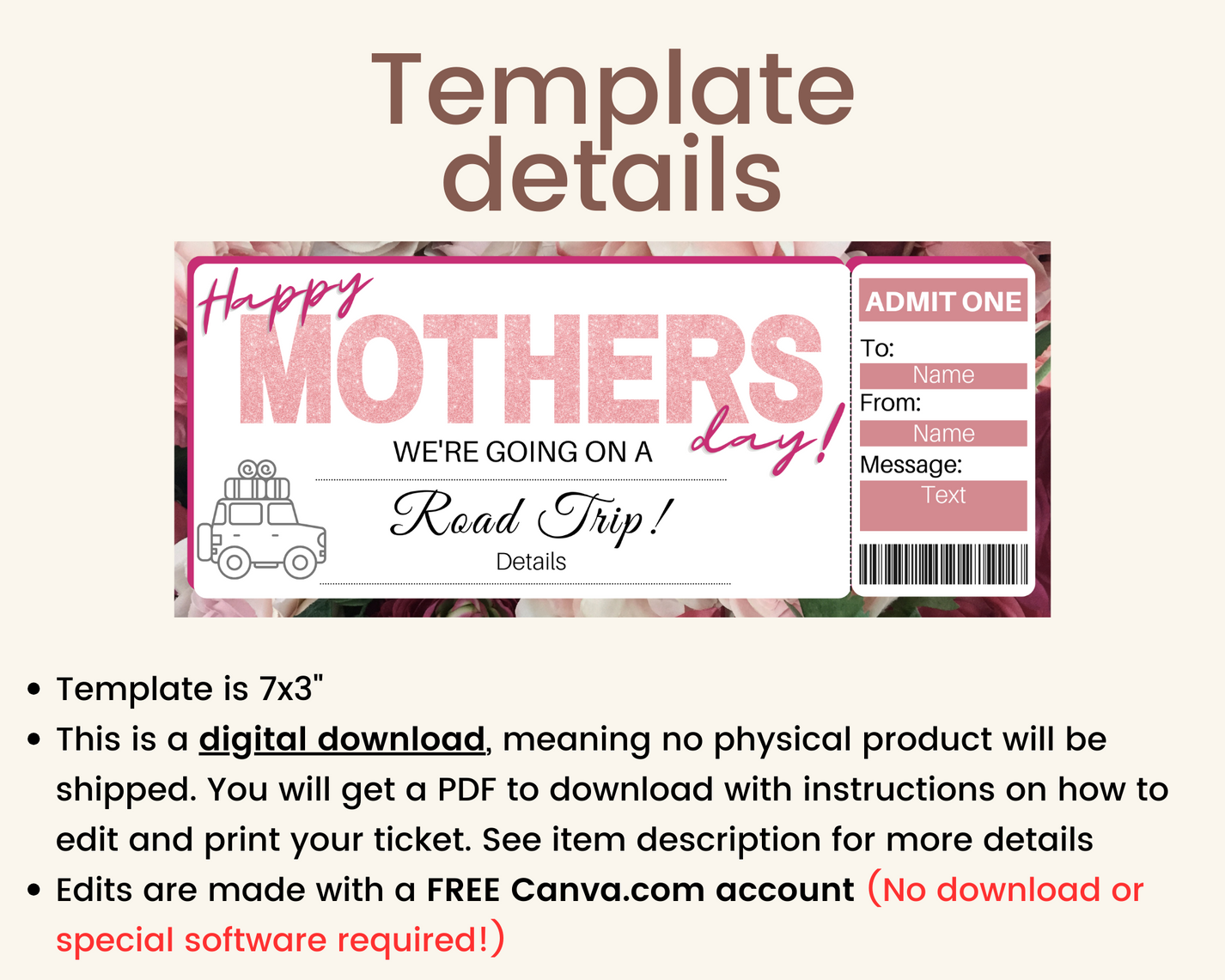 Mother's Day Road Trip Ticket Template – Printed Smile Shop