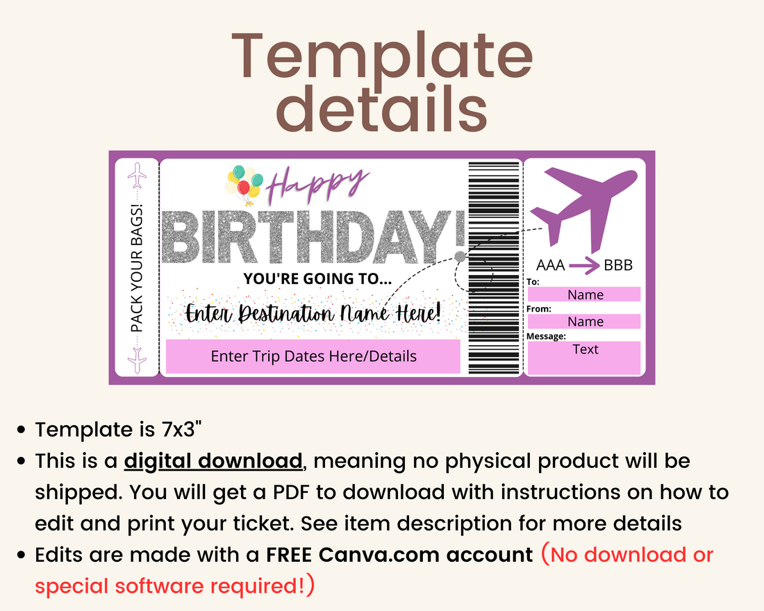 Happy Birthday Boarding Pass Gift Template – Printed Smile Shop