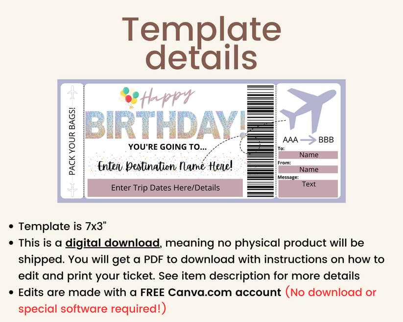 Birthday Surprise Flight Gift Ticket Template – Printed Smile Shop