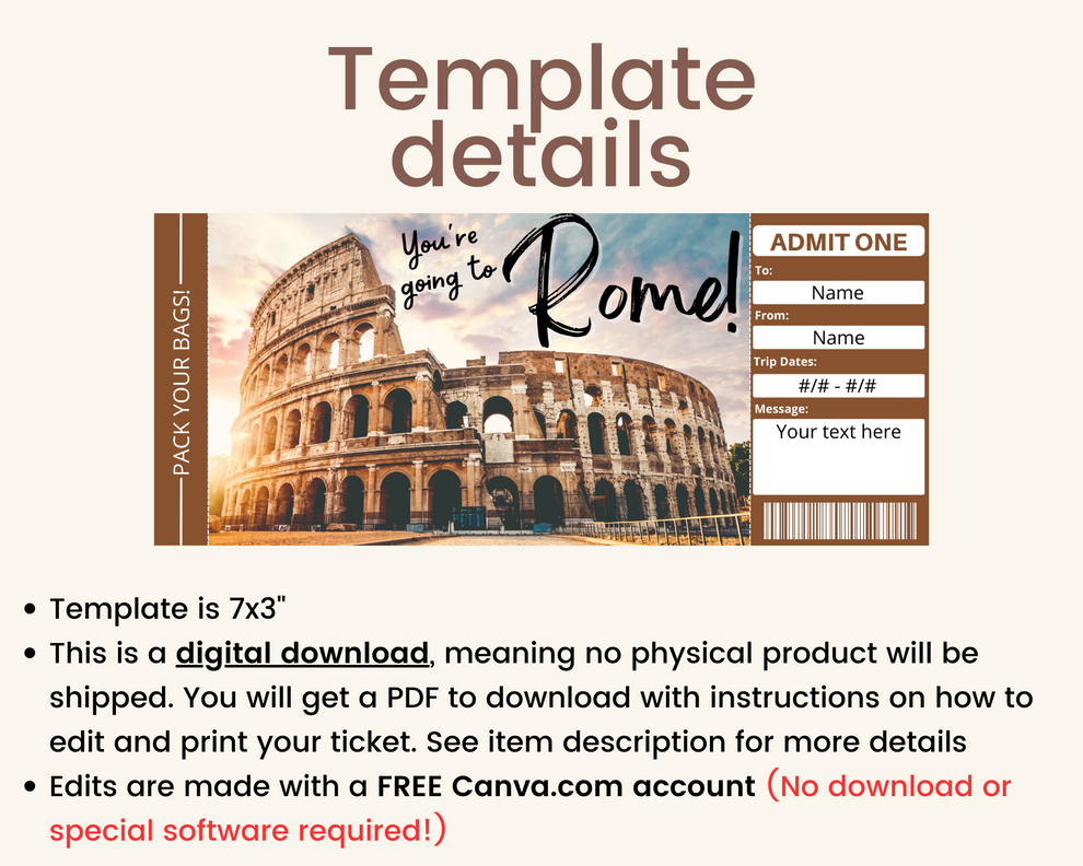 Rome Boarding Pass Template – Printed Smile Shop