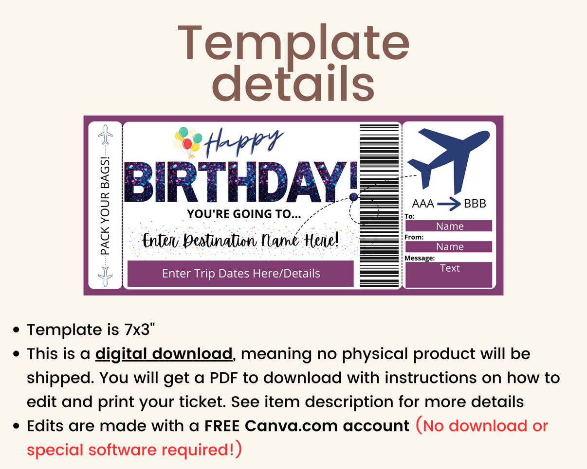 Birthday Surprise Flight Ticket Template – Printed Smile Shop