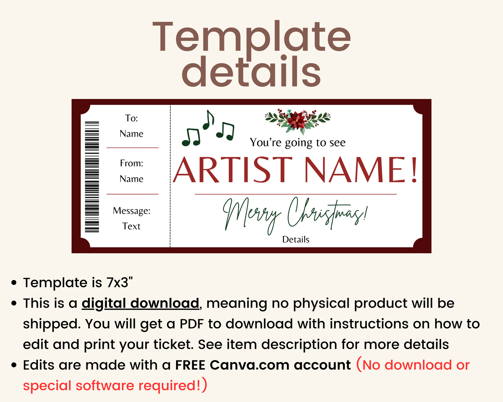 Christmas Concert Ticket Gift Template – Printed Smile Shop
