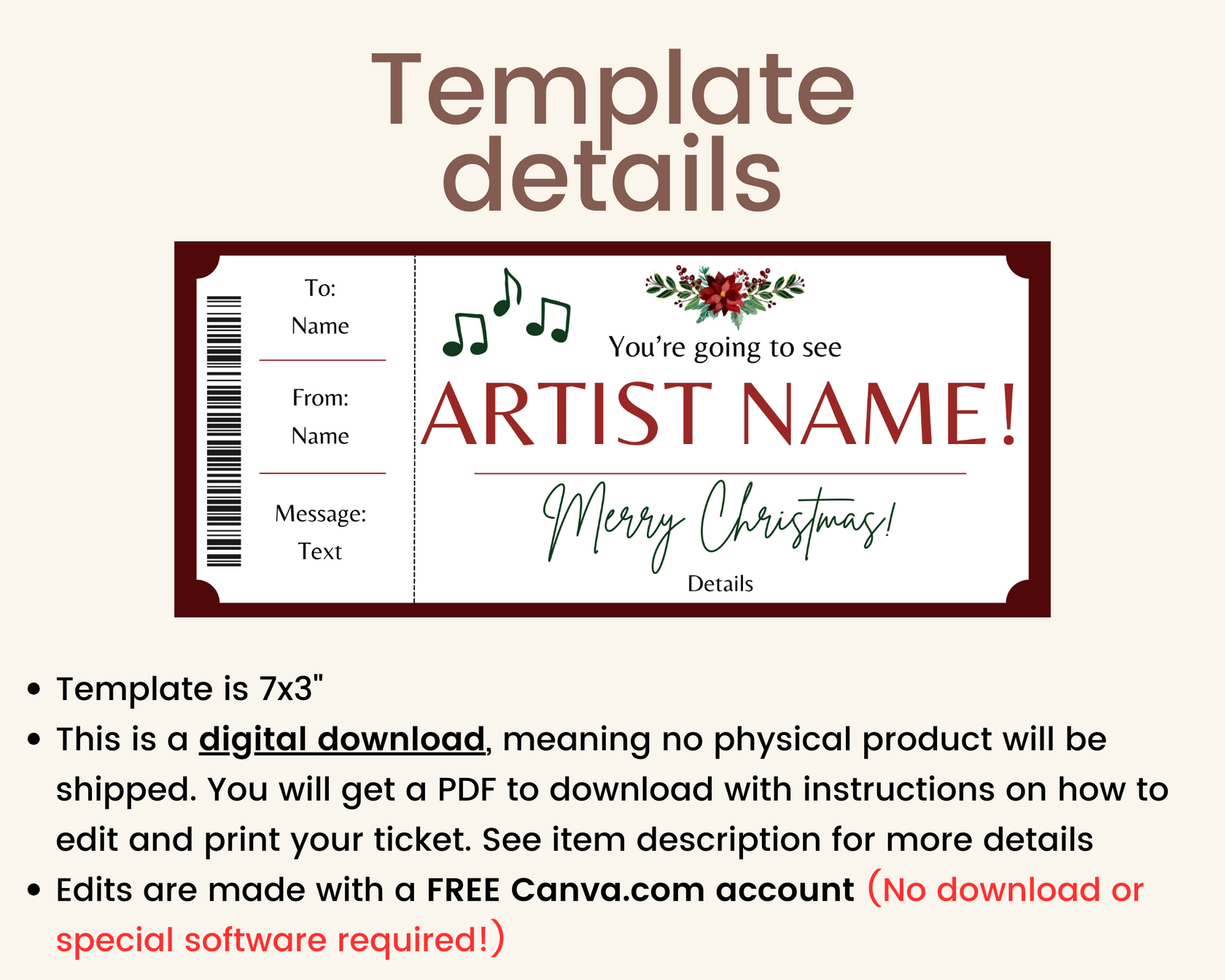 Christmas Concert Ticket Gift Template – Printed Smile Shop