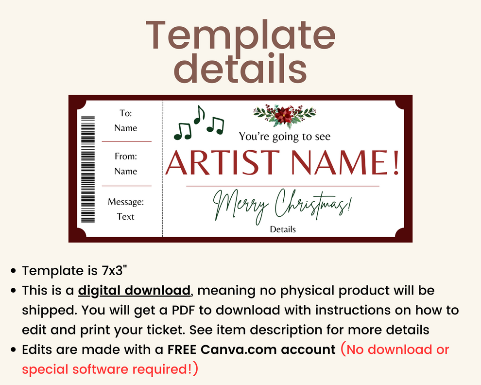 Christmas Concert Ticket Gift Template – Printed Smile Shop