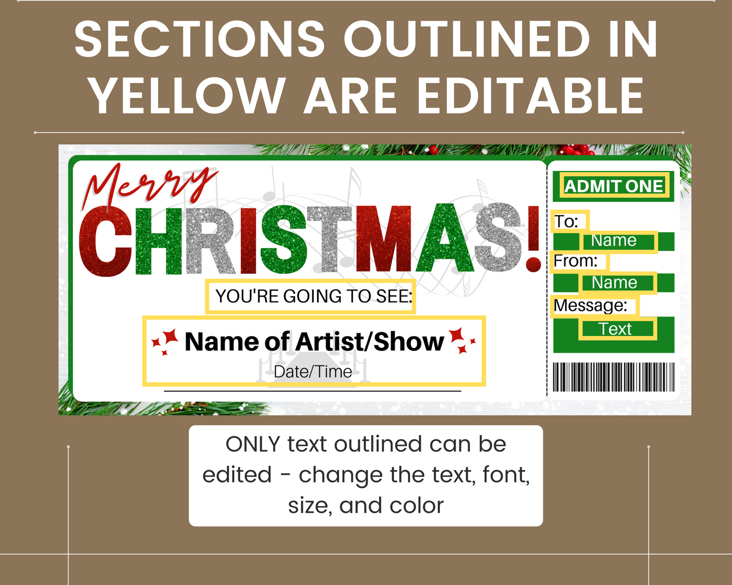Merry Christmas Concert Ticket Gift Template – Printed Smile Shop